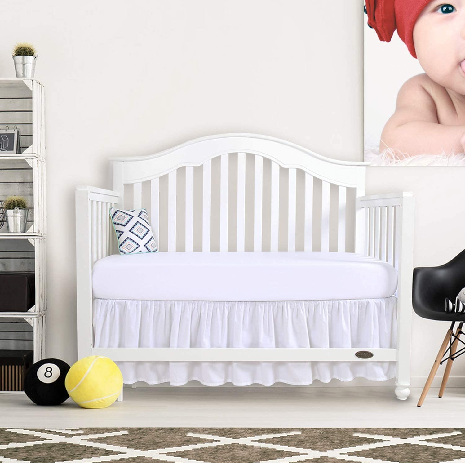 White Crib Bed Skirt- Perfect for Nursery Crib for Boys & Girls with a 14" Drop and Size 28x52
