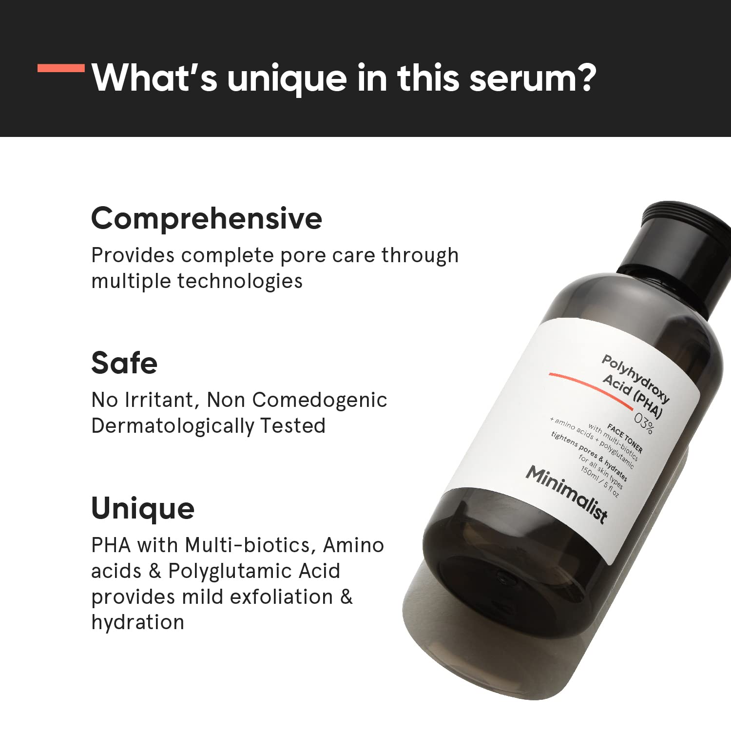 Minimalist 3% PHA Alcohol Free Hydrating Face Toner for Pore Tightening | Mild Exfoliation, pH Balancing & Rebalancing Skin Microbiome | for Women & Men | 5 Fl Oz / 150 ml