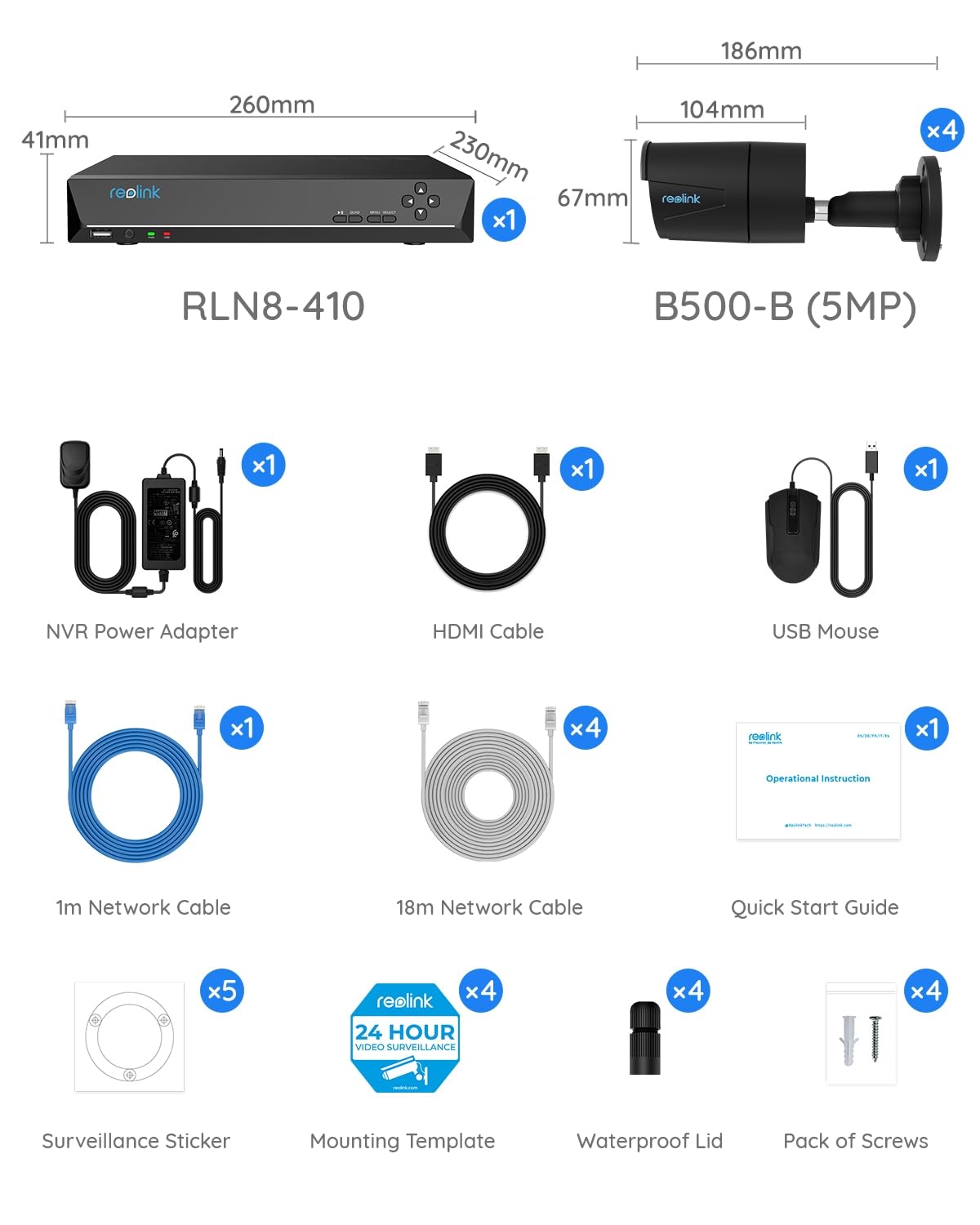 REOLINK 8CH 5MP Black Security Camera System, 8pcs Person/Vehicle Detection Smart 5MP Wired Outdoor PoE IP Cameras, 8MP 8-Channel NVR with 2TB HDD for 24/7 Recording, Bundle with RLC-510A Black