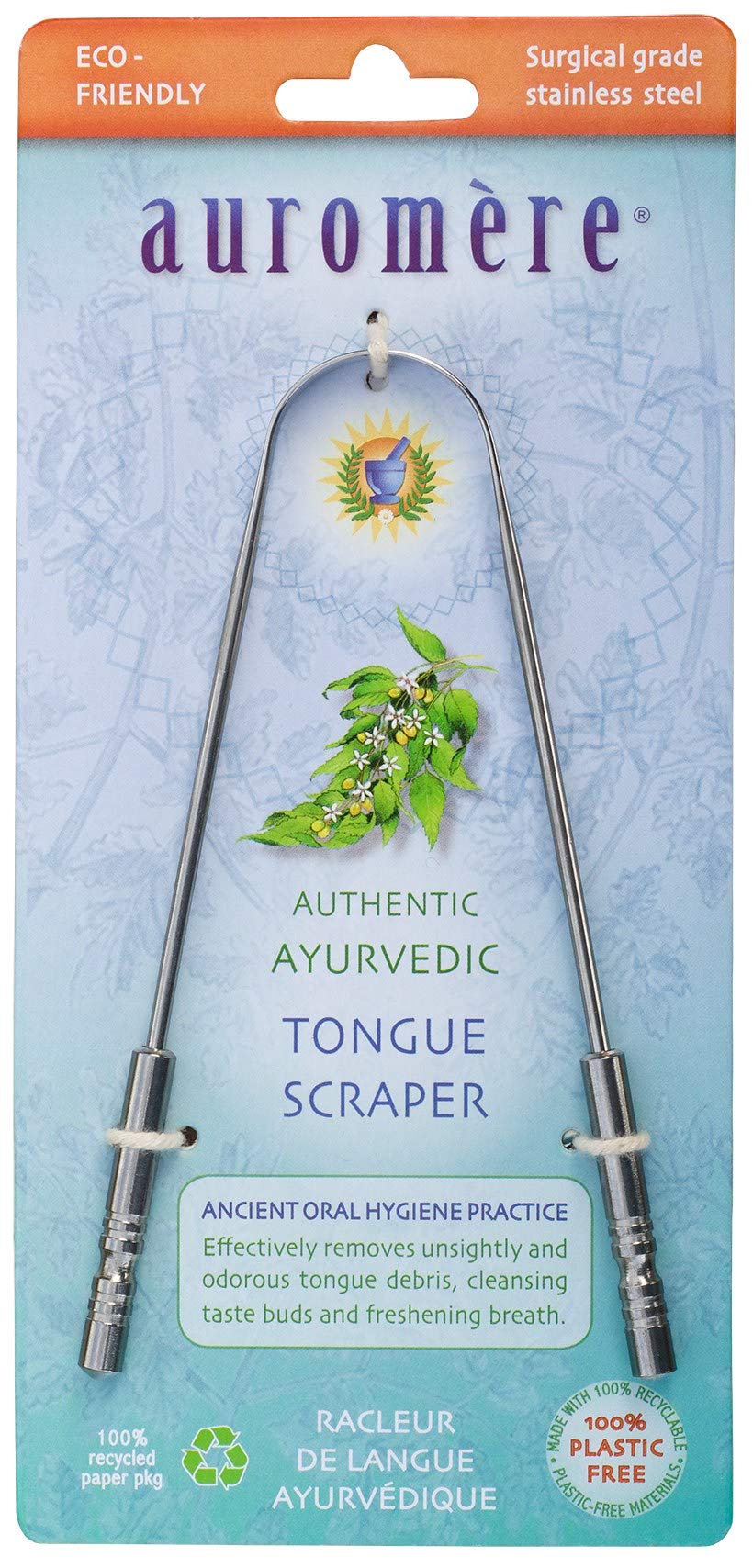 Auromere Tongue Cleaner, Ancient Oral Hygiene, Eco Friendly, Zero Waste, Stainless Steel, Eliminate Bad Breath (1 Pack)