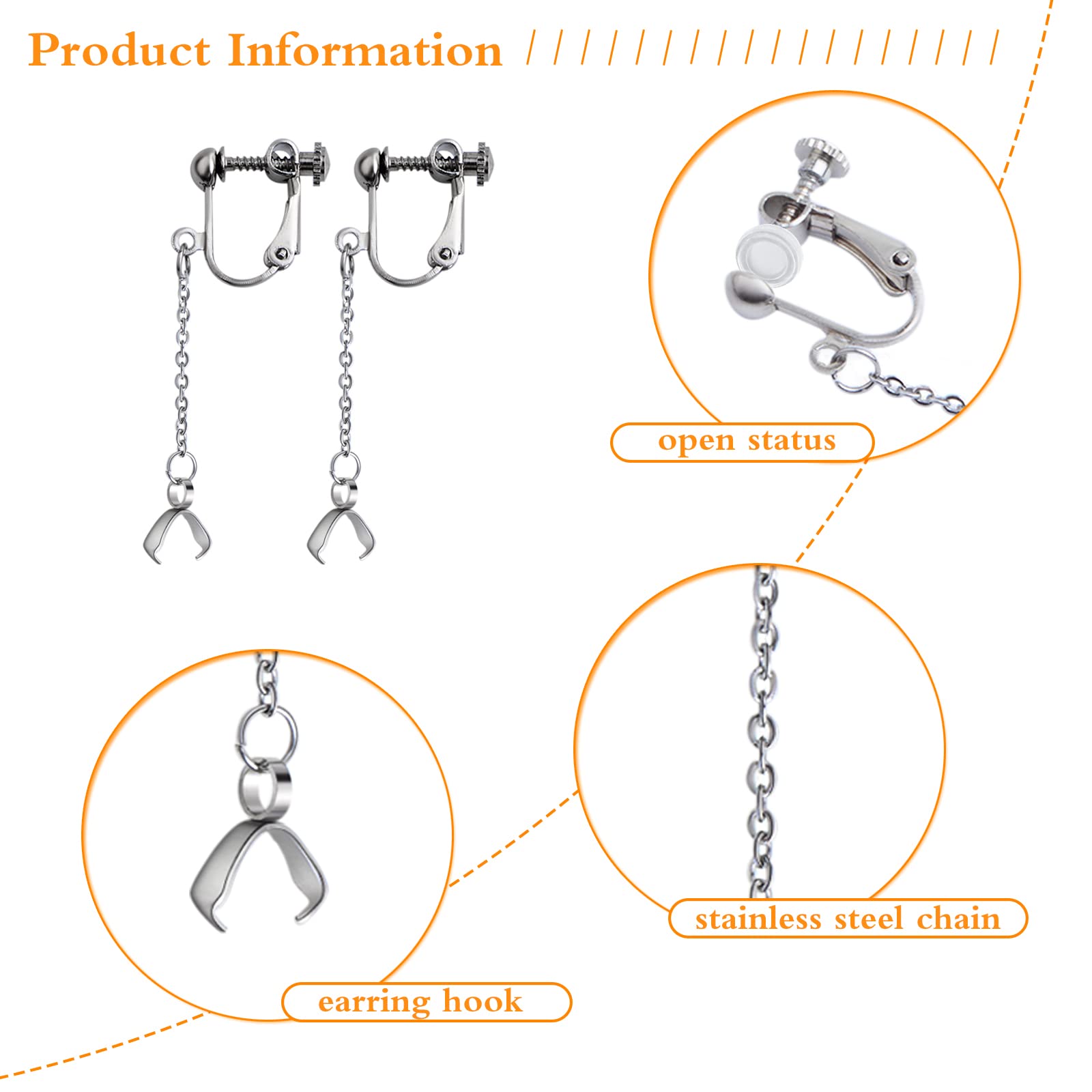 10pcs Hypoallergenic Stainless Steel Earring Hooks Screw Earring Clip Converters with Beaded Chains Pinch Clasps and 20pcs Clear Earring Backs for DIY Jewelry Making Findings
