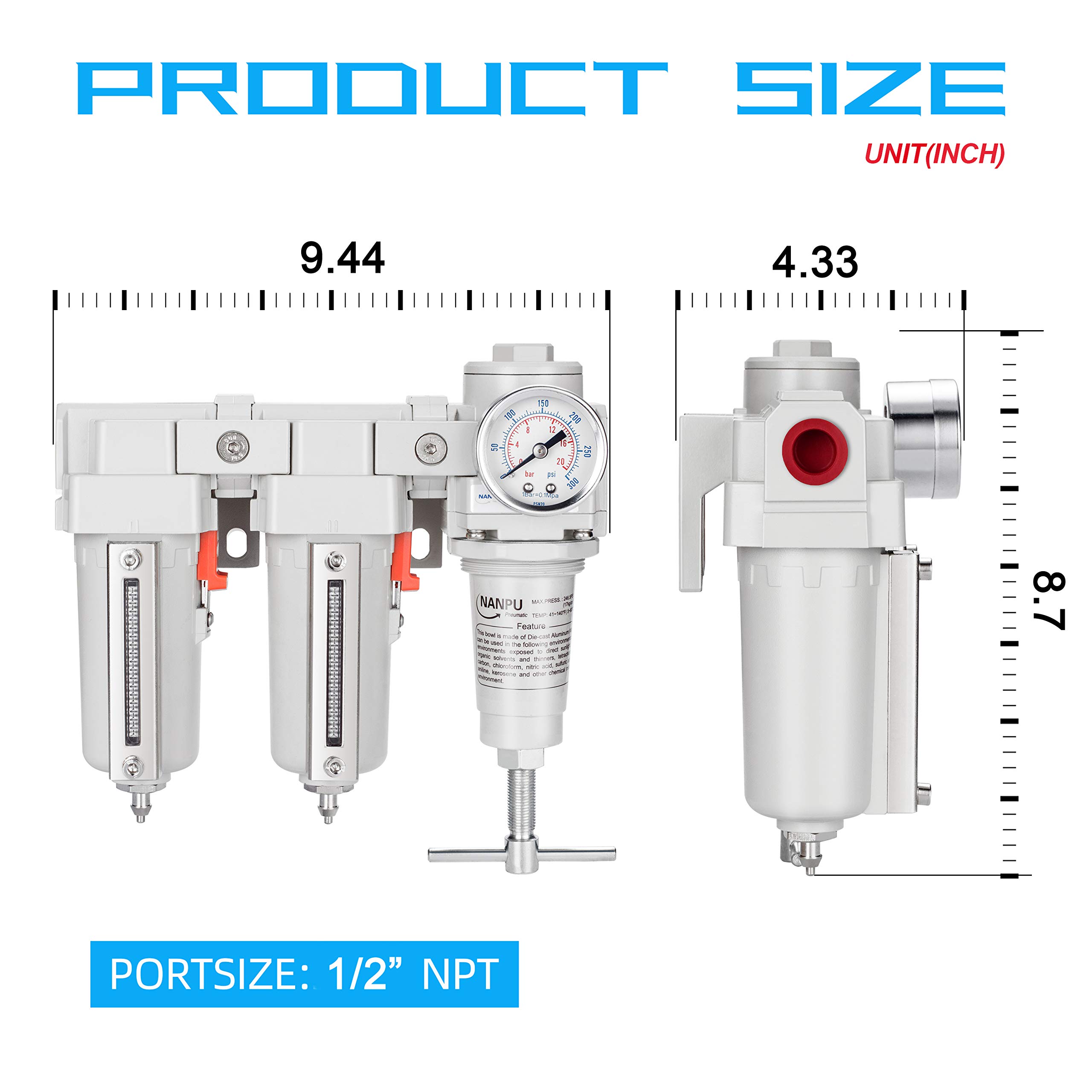 NANPU 1/2" NPT T-Handle High Pressure Air Drying System - Double 5 Micron Particulate Filter & Air Pressure Regulator Piston Combo, Semi-Auto Drain&Gauge
