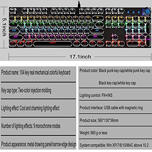 Jamerxie Typewriter Keyboard, RGB Mix Colour Punk Mechanical Keyboard, 104-key Light up Gaming Retro Keyboard with Wired USB for Computers, White/Black (Black Punk)