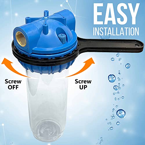 10 Inches Transparent Standard Whole House Water Filter System with Presser Relief Valve, 3/4β Inlet/Outlet Brass Port and Yearly Supply (3) Block Activated Carbon Cartridges 5 Micron
