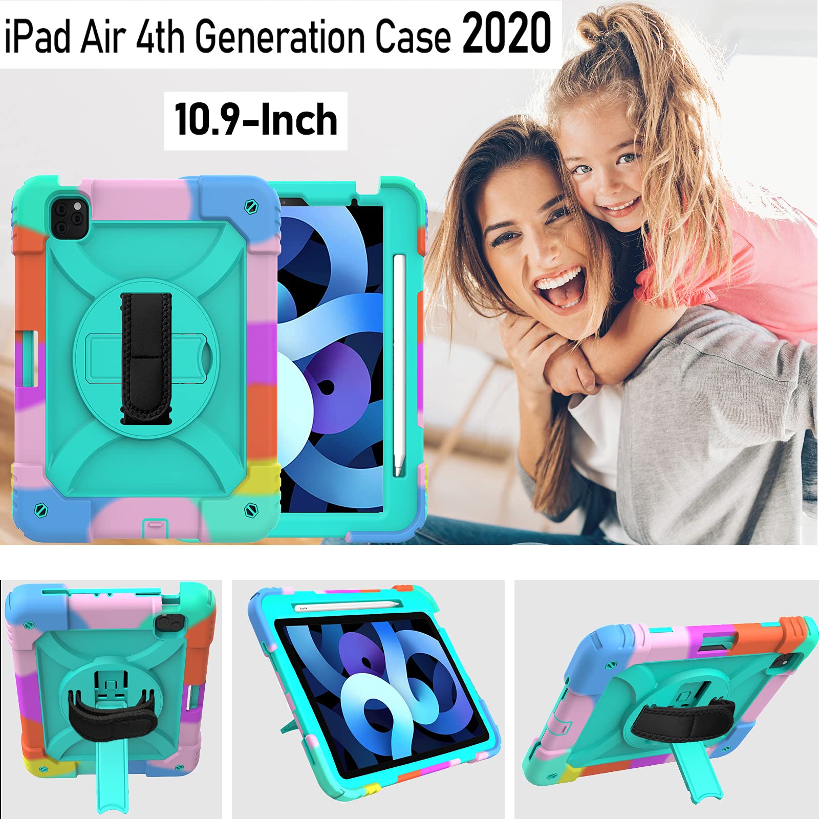 LTROP Case for iPad Air 5th/4th Generation 10.9 Inch(2022/2020),iPad Air 5/4 Case, iPad Pro 11 Case 2021/2020/2018,Pencil Holder/Swivel Stand/Shoulder Hand Strap Case for iPad 10.9 & Pro 11, Aqua Teal
