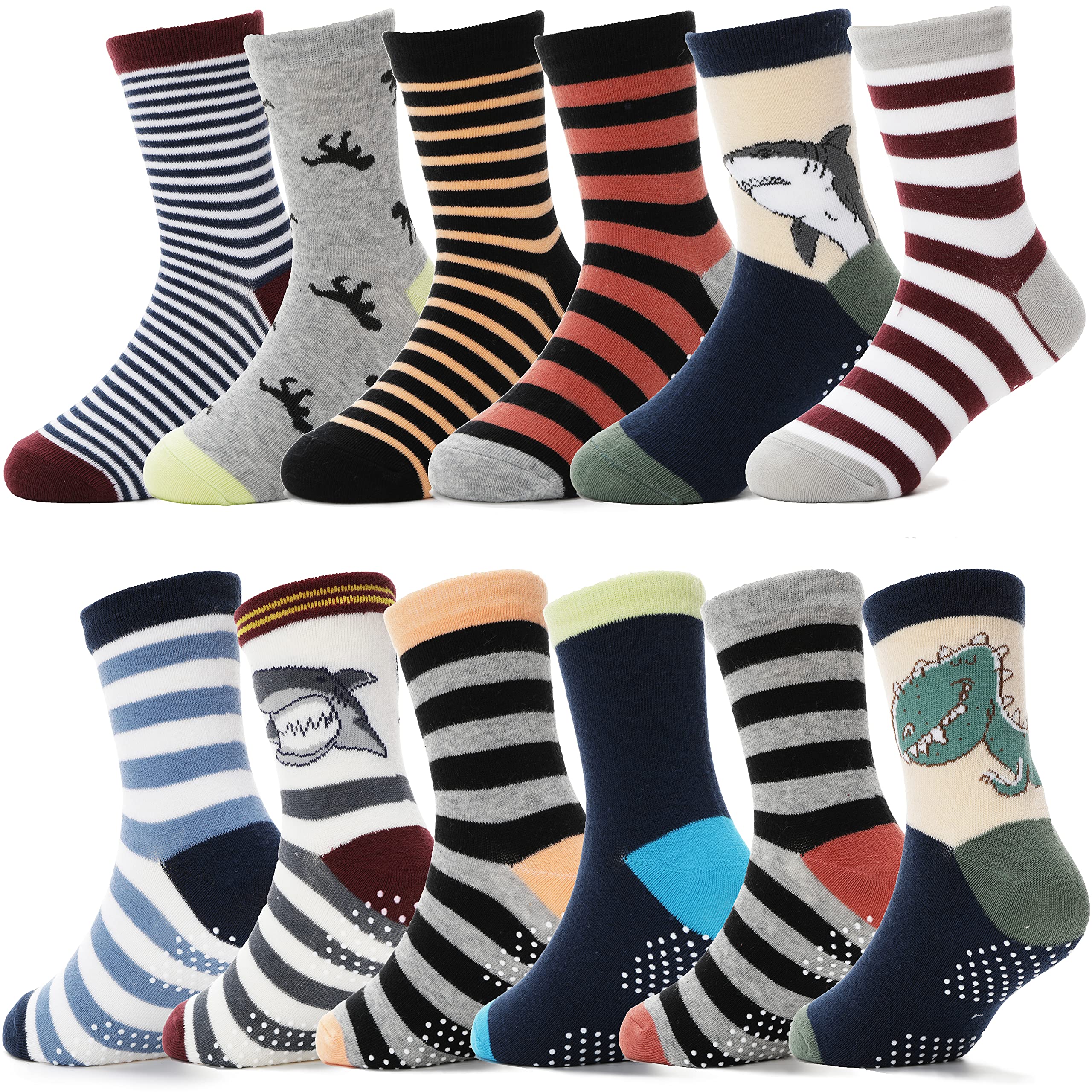 ANTSANG Baby Boys Grips Socks Kids Toddlers Infants Non Slip/Anti Skid Crew Cotton Socks 12 Pairs (Brown Striped(12 Pairs),5-8 Y)