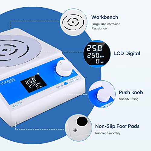 ANZESER Magnetic Stirrer w/Timer, Magnetic Stir Plate w/LCD Display, 3.5L Digital Magnetic Mixer, Lab Stirrers w/Stir Bar (No Heating) (Blue)