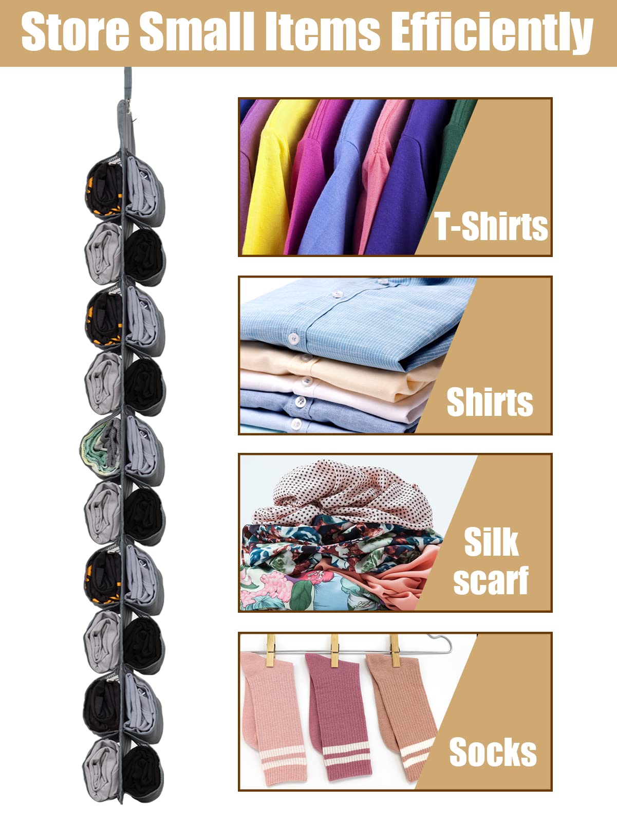 2 Pcs Clothes Closets Roll Holder- Hanging Closet System Closet Space Saver Clothes Organizer with 20 Roll Independent Compartments for T-Shirts Leggings Underwear Bras Socks (Gray, Double Sided)