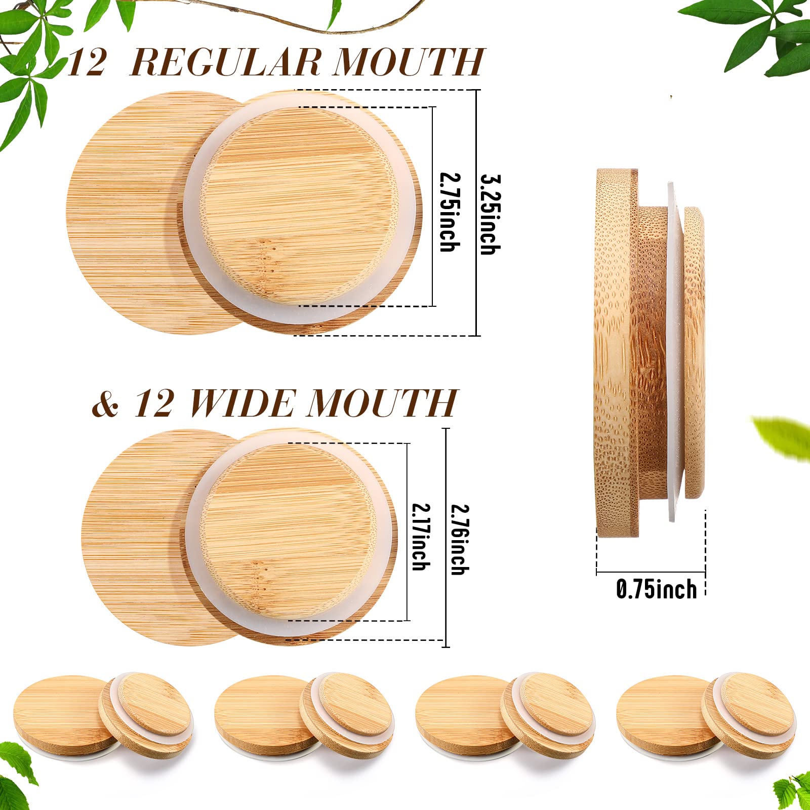 24 Pieces Bamboo Mason Jar Lids Storage Canning Jar Lids for Regular Mouth and Wide Mouth Wooden Bamboo Lids for Mason Jars Mason Jar Accessory, 2 Sizes