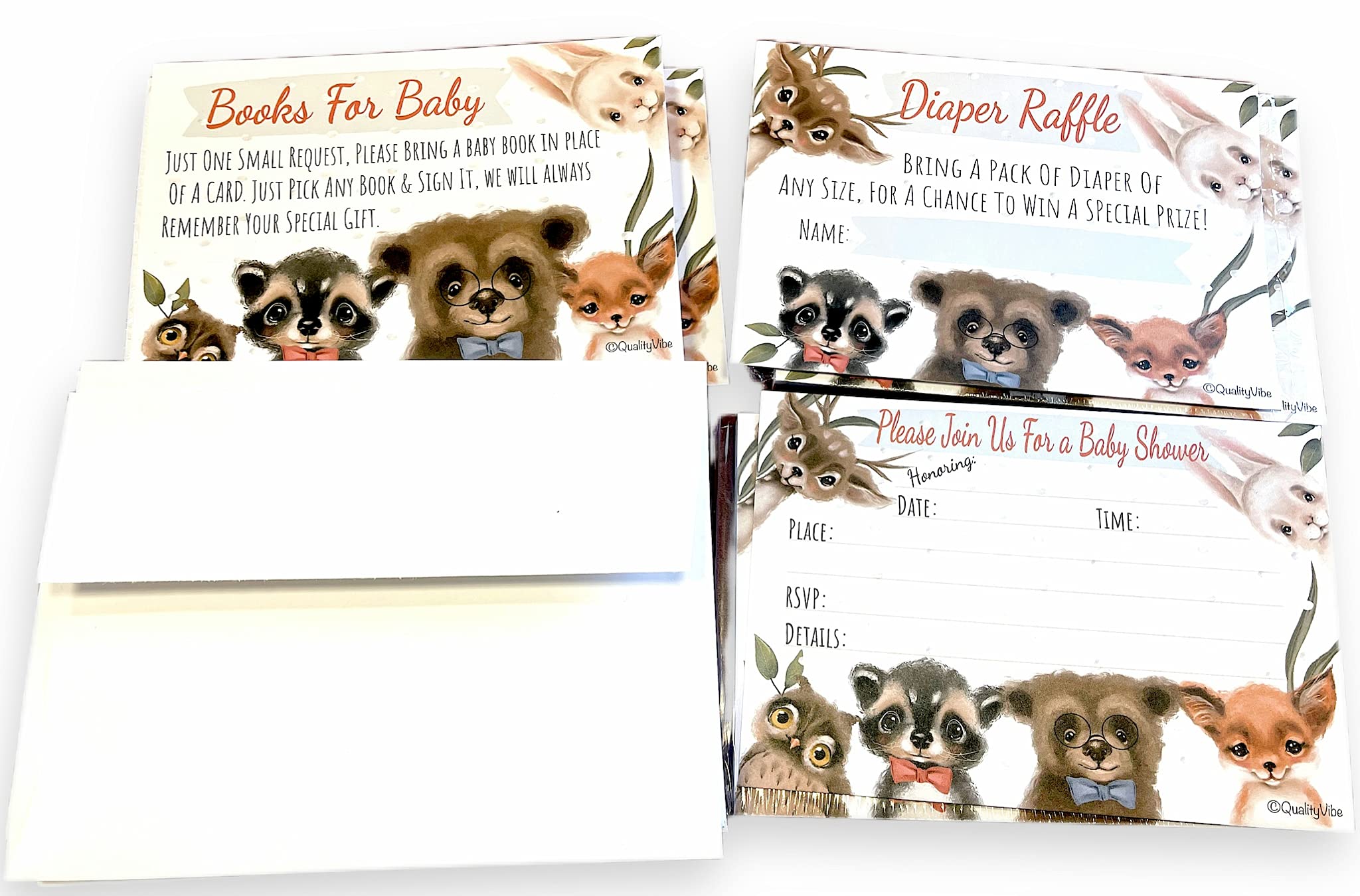 Baby Shower Invitations Woodland Creatures For Baby Boy or girl. Set Includes 25 Invites, 25 Baby Book Inserts, 25 Diaper Raffle & 25 Envelopes. Watercolor Design Bear, Racoon, Deer, Rabbit & Fox.