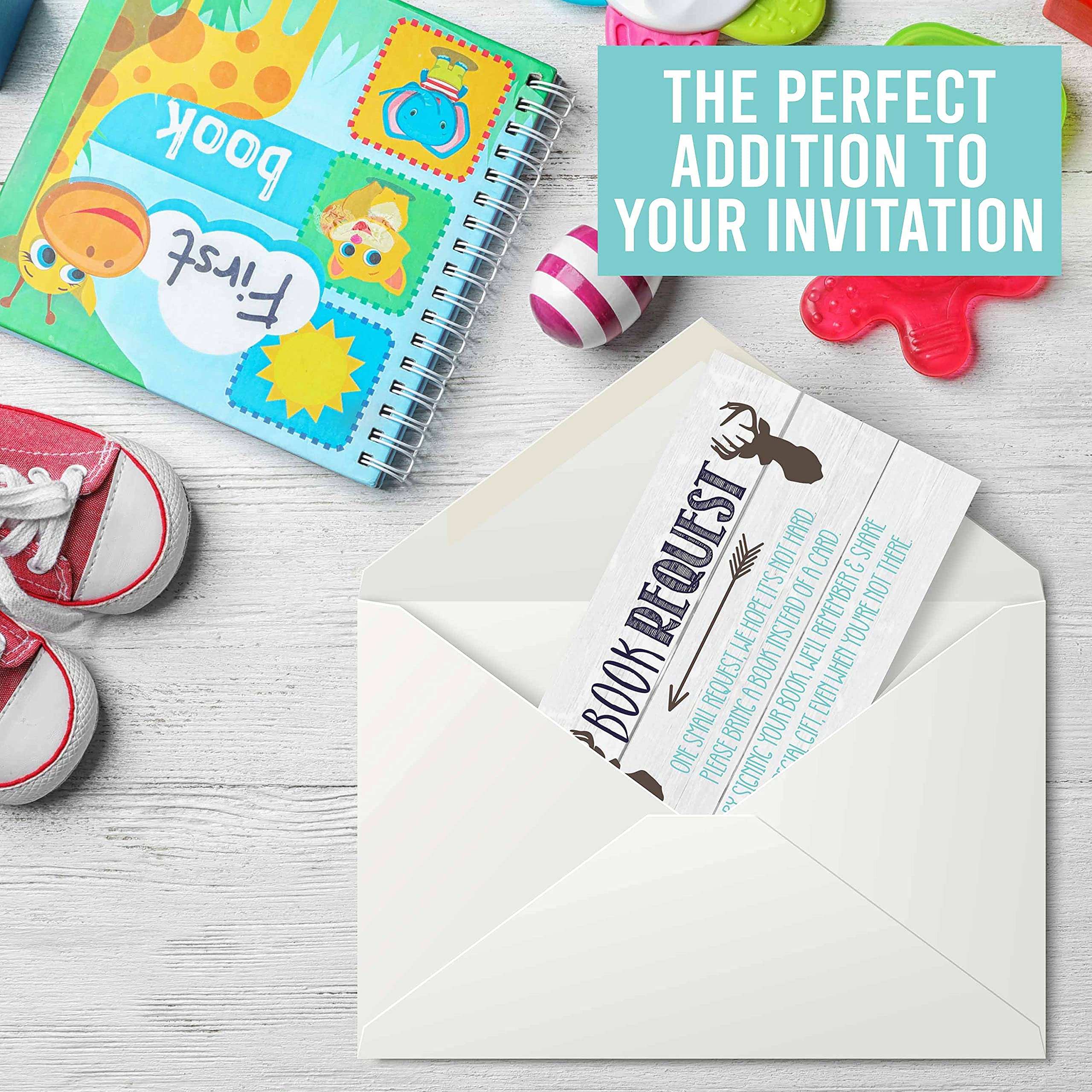Hadley Designs Deer Baby Shower Invitation set-50 Invitations & 25 Book Request Inserts Include Sprinkle Invites for a Boy and Bring A Book Instead of A Card, Guest Book Alternative