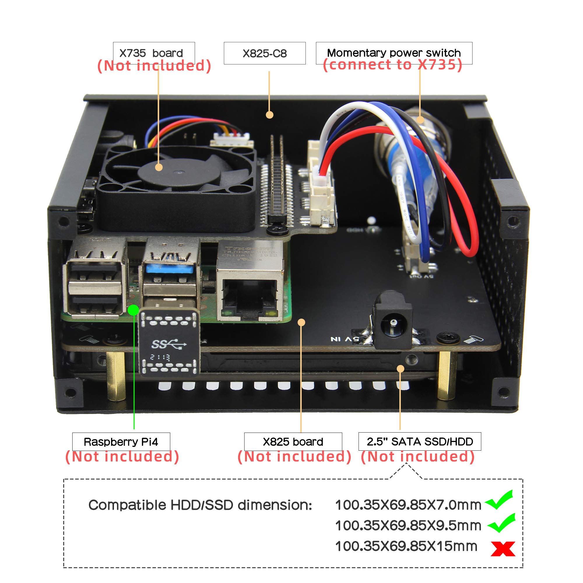 Geekworm X825-C8 (X825 V2.0) Metal Case+Power Switch+Cooling Fan Support X825 V2.0 2.5 inch SATA SSD/HDD Shield & Raspberry Pi 4 Model B & X735 Only(Not Include RPi4&X825 V2.0&X735&PSU&SSD&TF Card)