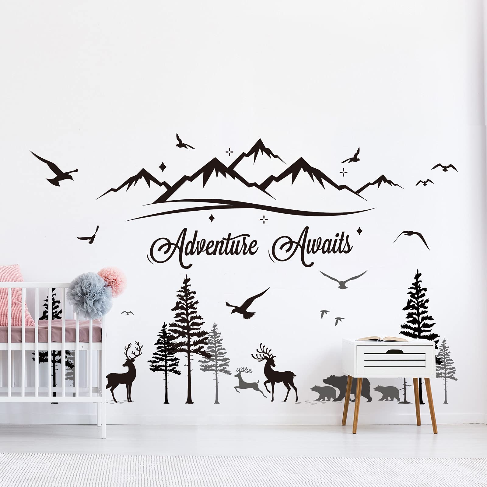 Adventure Awaits Wall Stickers Decals Removable Travel Inspirational Quotes Wall Decals Forest Pine Tree with Bear Home Decor Sticker for Living Room Bedroom Nursery Room Home Decor