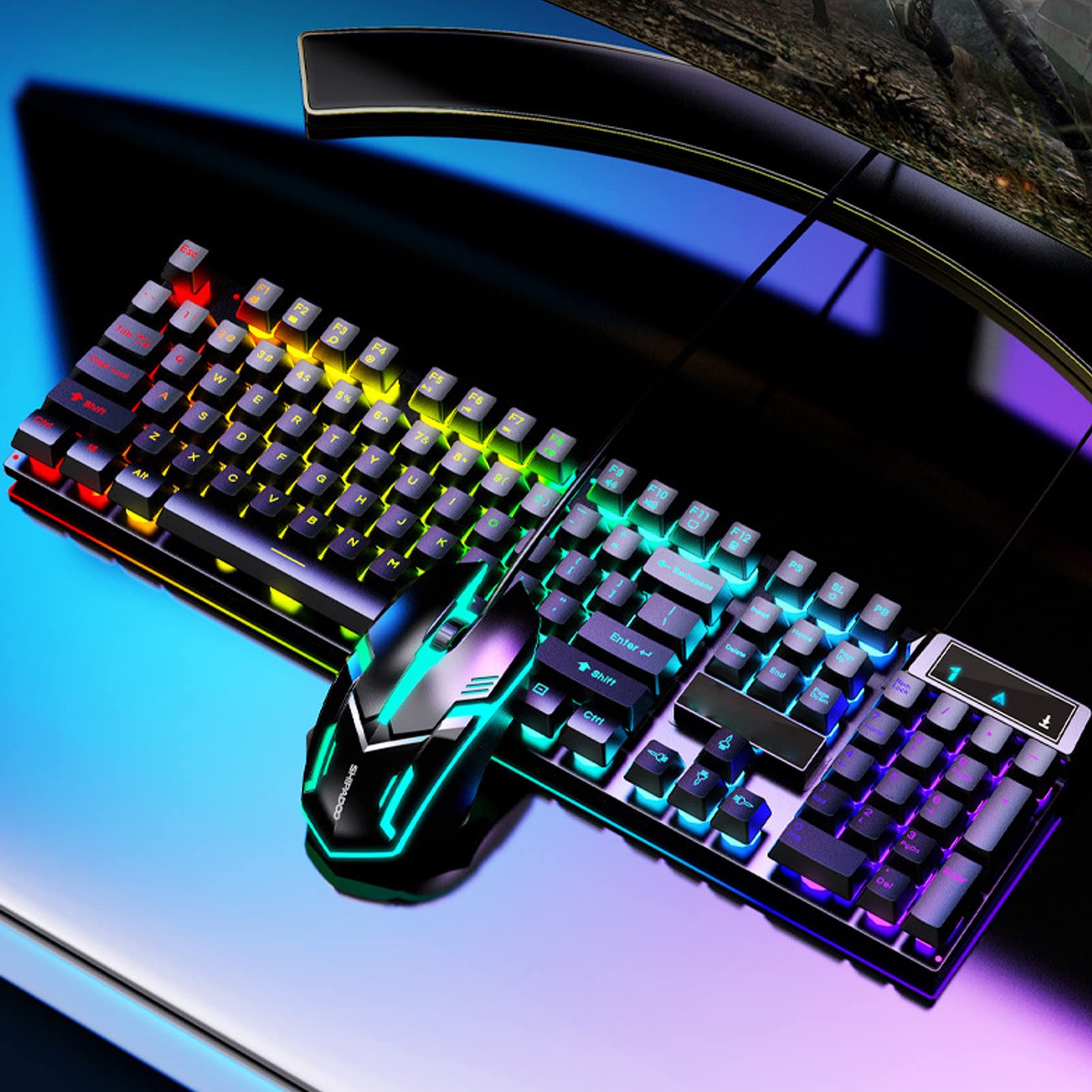 070 Gaming Keyboard and Mouse Combo Professional 104 Keys LED Backlit Ergonomic Waterproof Quick Response Gaming Mouse and Keyboard Set for Gaming Home Office (d500 Word Transparent Black Suit)