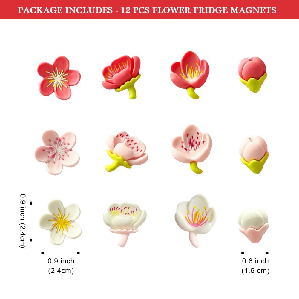12 PCS Colorful Flower Fridge Magnet, Cherry Blossoms Refrigerator Magnets, Flower Magnets Novelty Office Home Kitchen Accessories Whiteboard Magnets