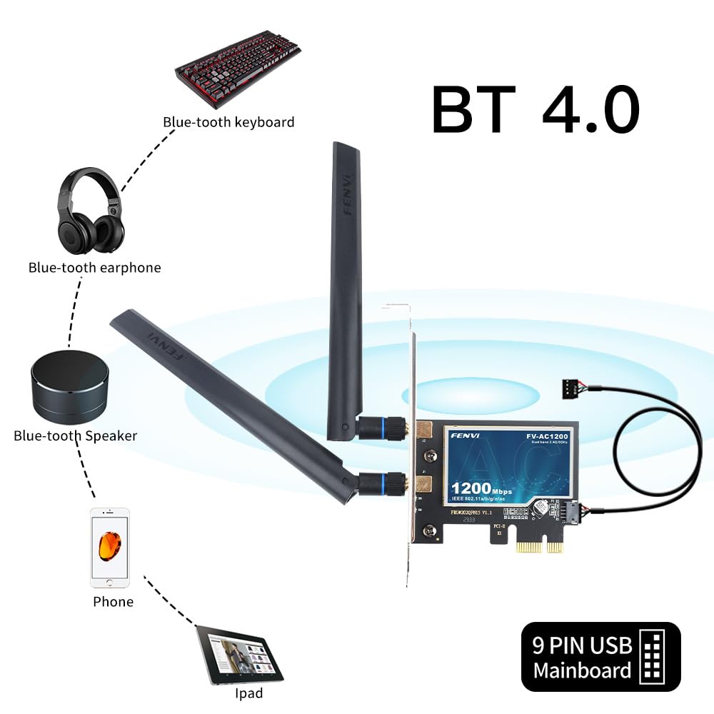 fenvi PCIe Network Card 1200Mbps Desktop Wireless-AC PCI-E Dual Band Gigabit Wi-Fi Adapter 802.11ac 5GHz 867Mbps 2.4GHz 300Mbps BT4.0 for PC Windows