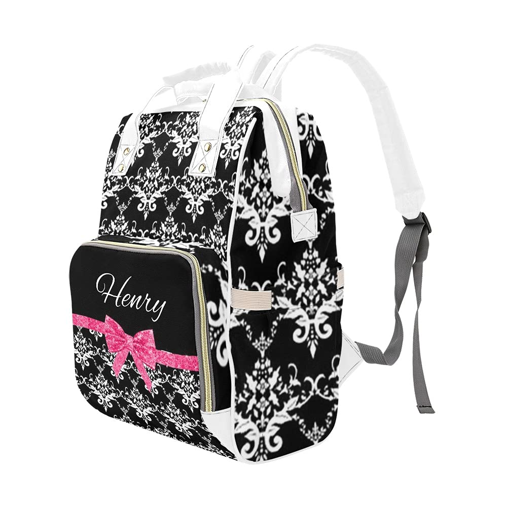 Black White Damask Pink Glitter Bow Diaper Bag Backpack with Name for Men Women Custom Personalized Nursing Baby Bags Shoulders Travel Bag Daypack
