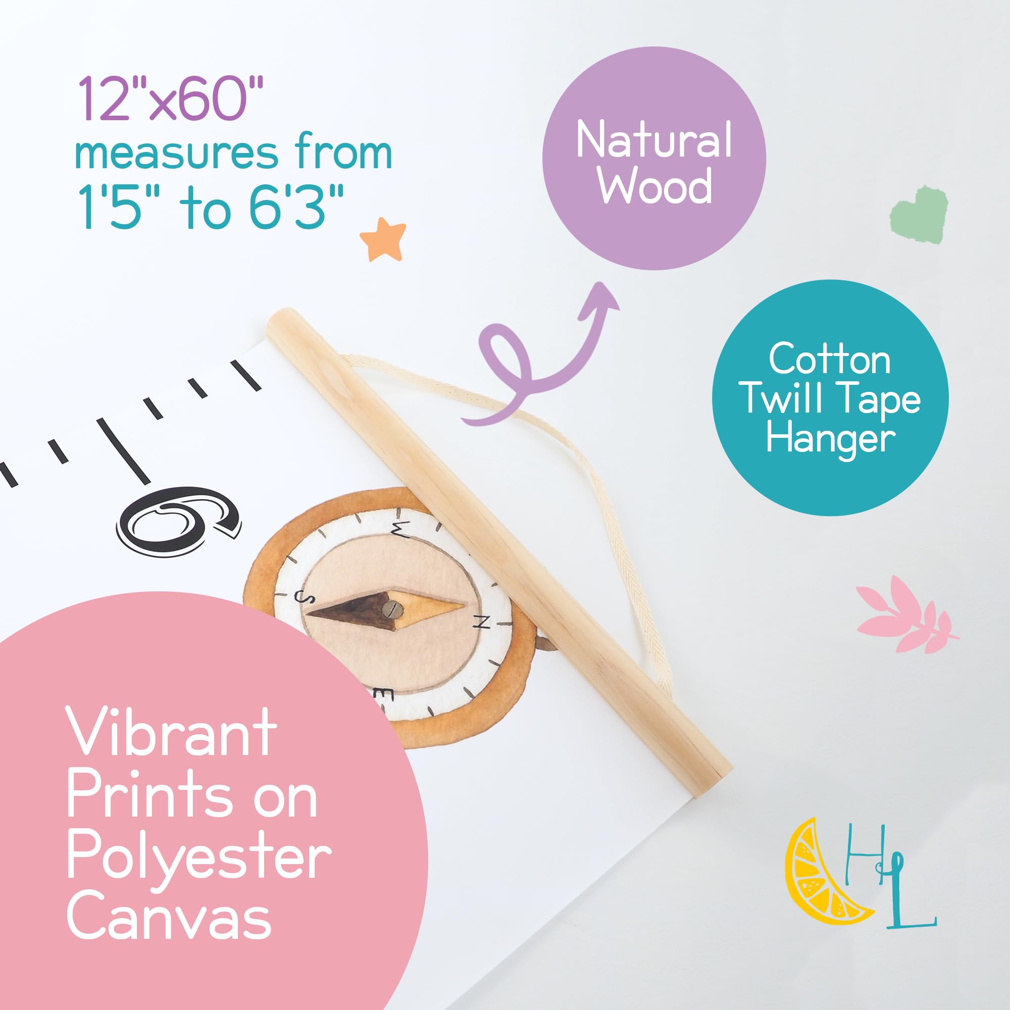 Baby Kids Canvas Hanging Growth Chart Height Ruler Portable 12"x60" Measures from 1'5" to 6'3" Nursery Wall Decor Shower Gift