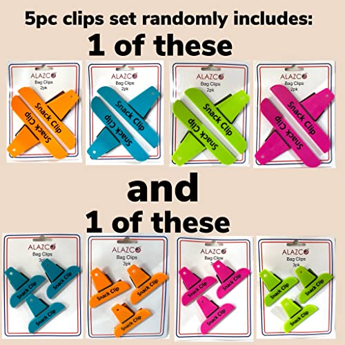 5pc ALAZCO Neon Colors Value Set Clips, 2 Large & 3 Small Bag Chips Clips Snack Bar Party Kitchen Pantry Sturdy Spring Clip