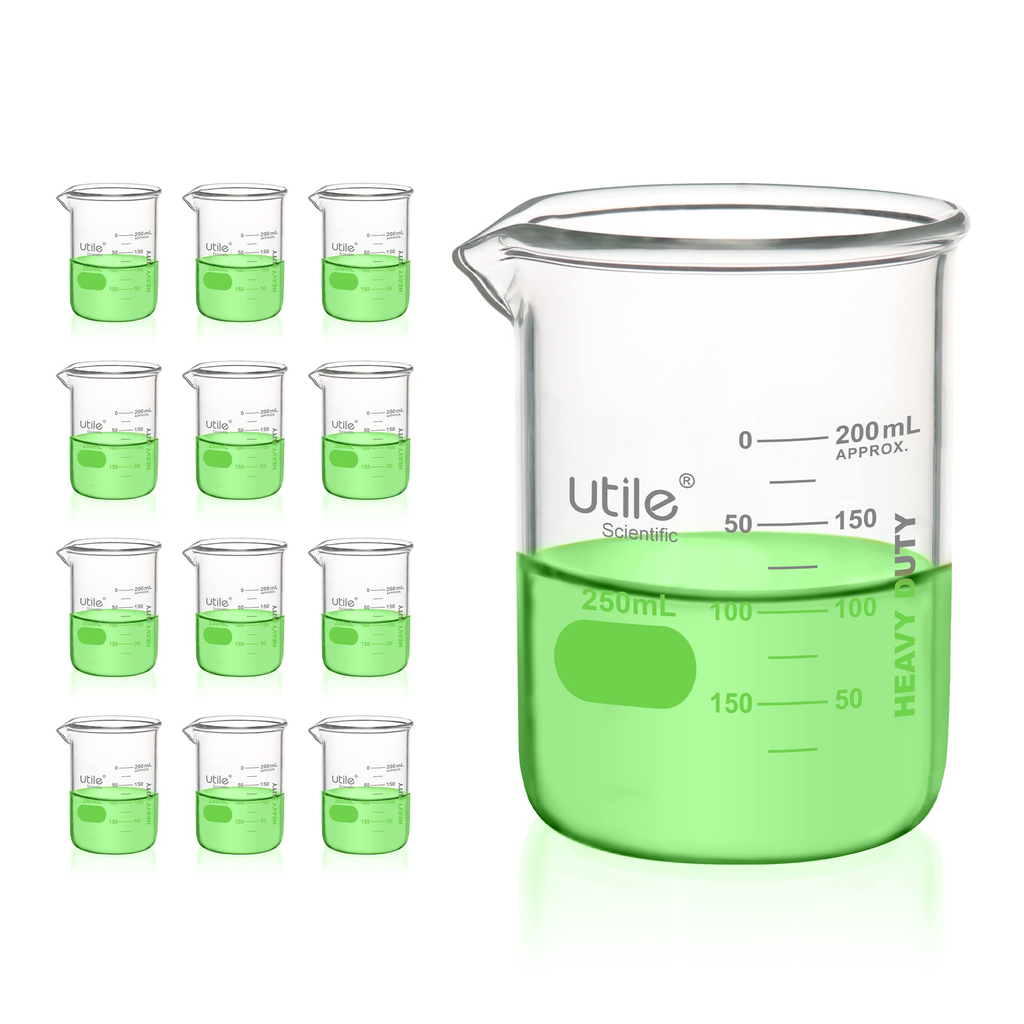 Utile 12pcs of Heavy Duty Glass Beakers, Vol.250m(8.5oz), Borosilicate 3.3 Glass with Double Scaled Printed Graduation, 4046.0250.12