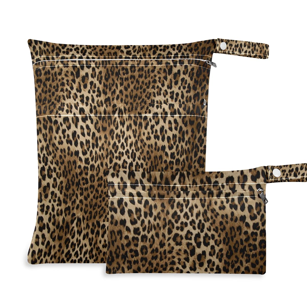 Leopard Print Animal Wet Dry Bags Leopard Waterproof Baby Cloth Diaper Bags with Two Zippered Pockets Beach Travel Bag for Swimsuit&Wet Cloth 2pcs