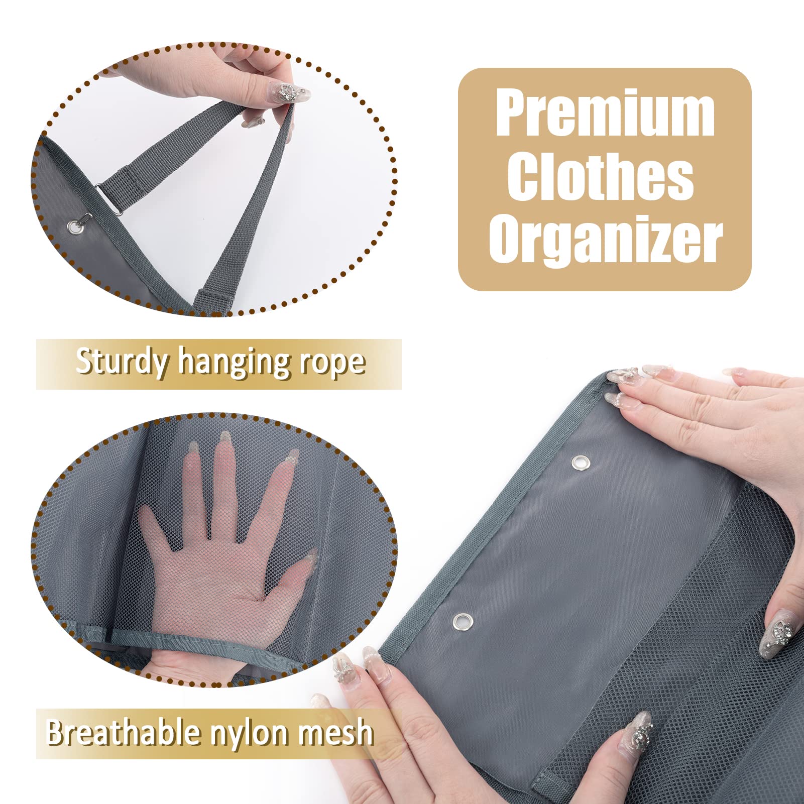 2 Pcs Clothes Closets Roll Holder- Hanging Closet System Closet Space Saver Clothes Organizer with 20 Roll Independent Compartments for T-Shirts Leggings Underwear Bras Socks (Gray, Double Sided)