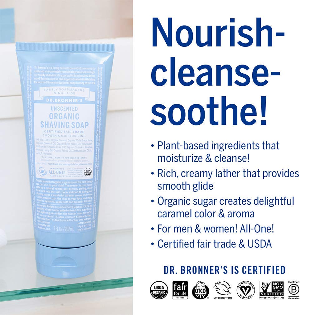 Dr. Bronner's - Organic Shaving Soap (7 oz Variety Pack) Lavender, Baby Unscented, & Peppermint - Certified Organic, Sugar & Shikakai Powder, Moisturizes, Use on Face, Underarms, & Legs | 3 Count