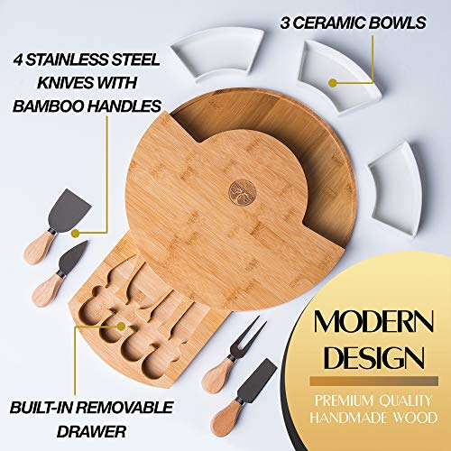 Premium Bamboo Cheese Board and Knife Set - Charcuterie Board Set w Accessories – Meat and Cheese Board, Serving Platter with 3 Bowls - Housewarming Gift for Women - Anniversary Wedding Gifts