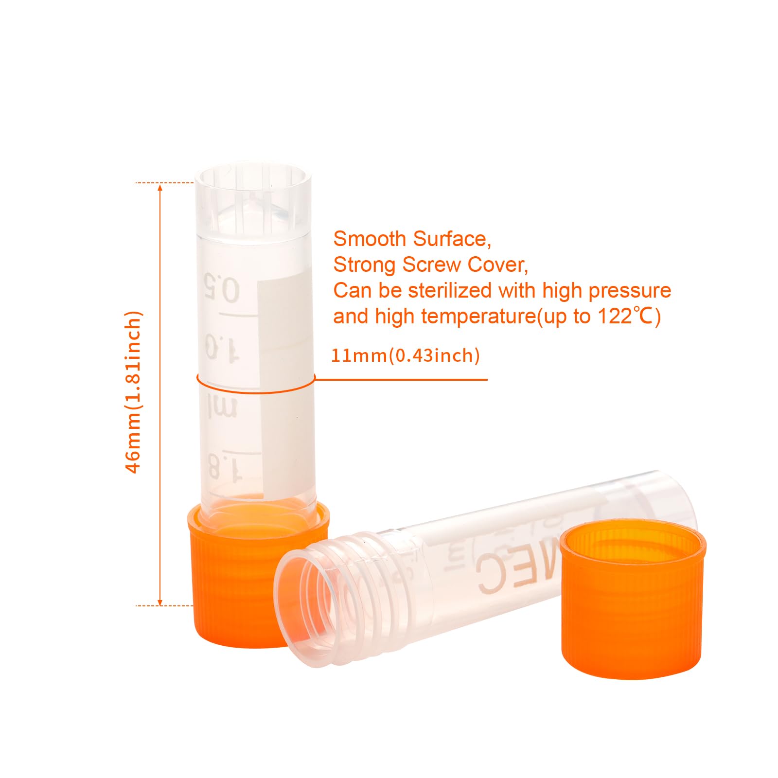 1.8ml Cryo Tubes Plastic Small Vials with Screw Caps Graduated Plastic Cryovial Cryogenic Vial Tubes, PP Material, Free from DNase, RNase 81Pcs