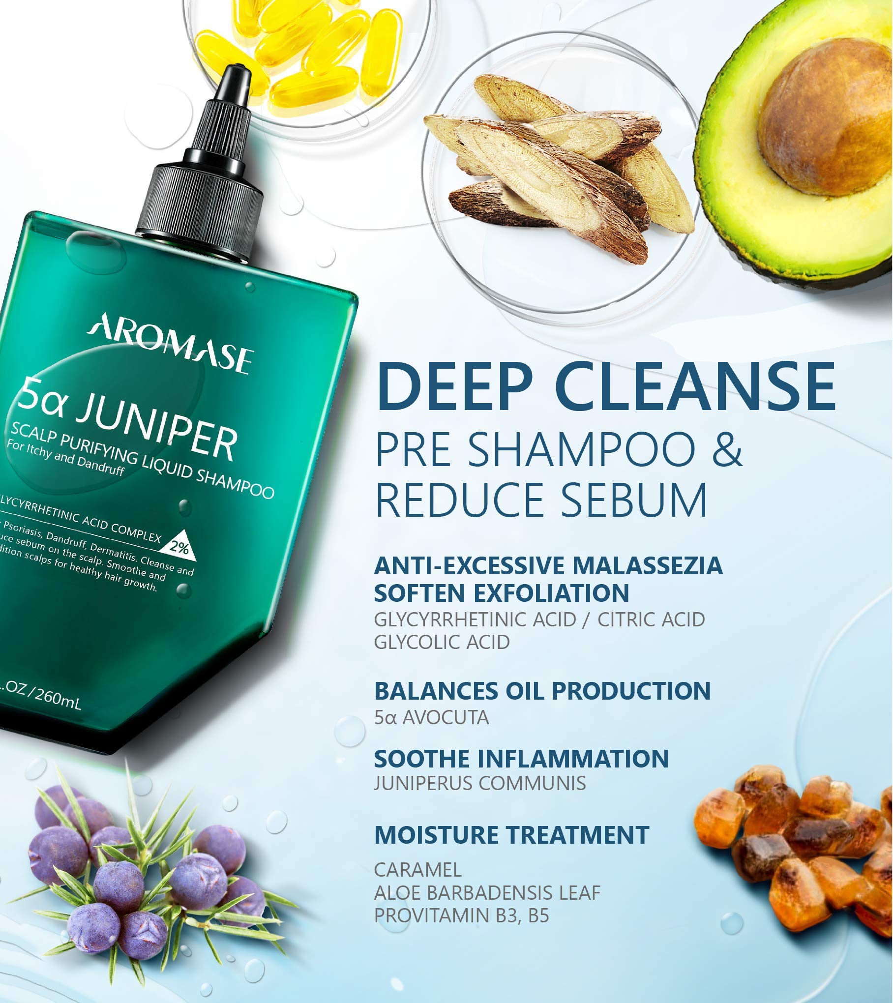Aromase 5α Intensive Oily Hair Solution Kit (5α Juniper Scalp Purifying Liquid Shampoo 2.8 Fl Oz + 5α Intensive Oily Hair Balancing Essential Shampoo 14 Fl. Oz) for Oily Scalp, Oil Smells