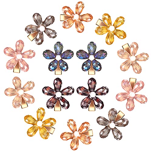 Dilunave 14 Pcs Flower Hair Clips Small Pearl Crystal Alligator Hairpins Mini Flower Clips Decorative Bling Barrettes Stylish Hair Accessories for Women Girls Decoration Supplies(Retro Colors)
