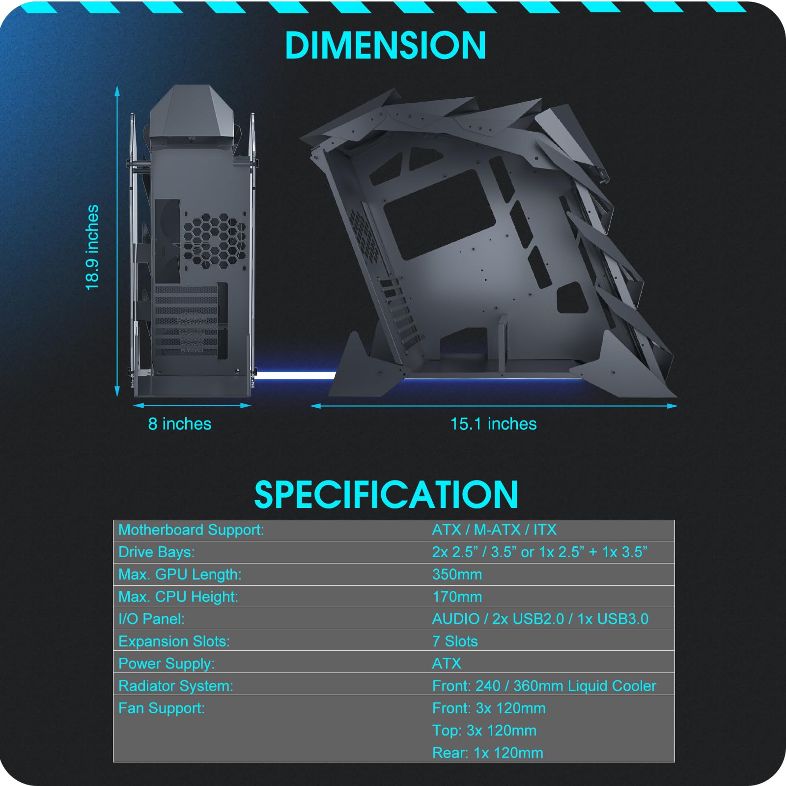 Vetroo K1 Pangolin Mid-Tower ATX PC Gaming Case, Dual Tempered Glass, USB 3.0 I/O Panel High Airflow Computer Case Max 360mm Water Cooler Support (Fans are not Included)
