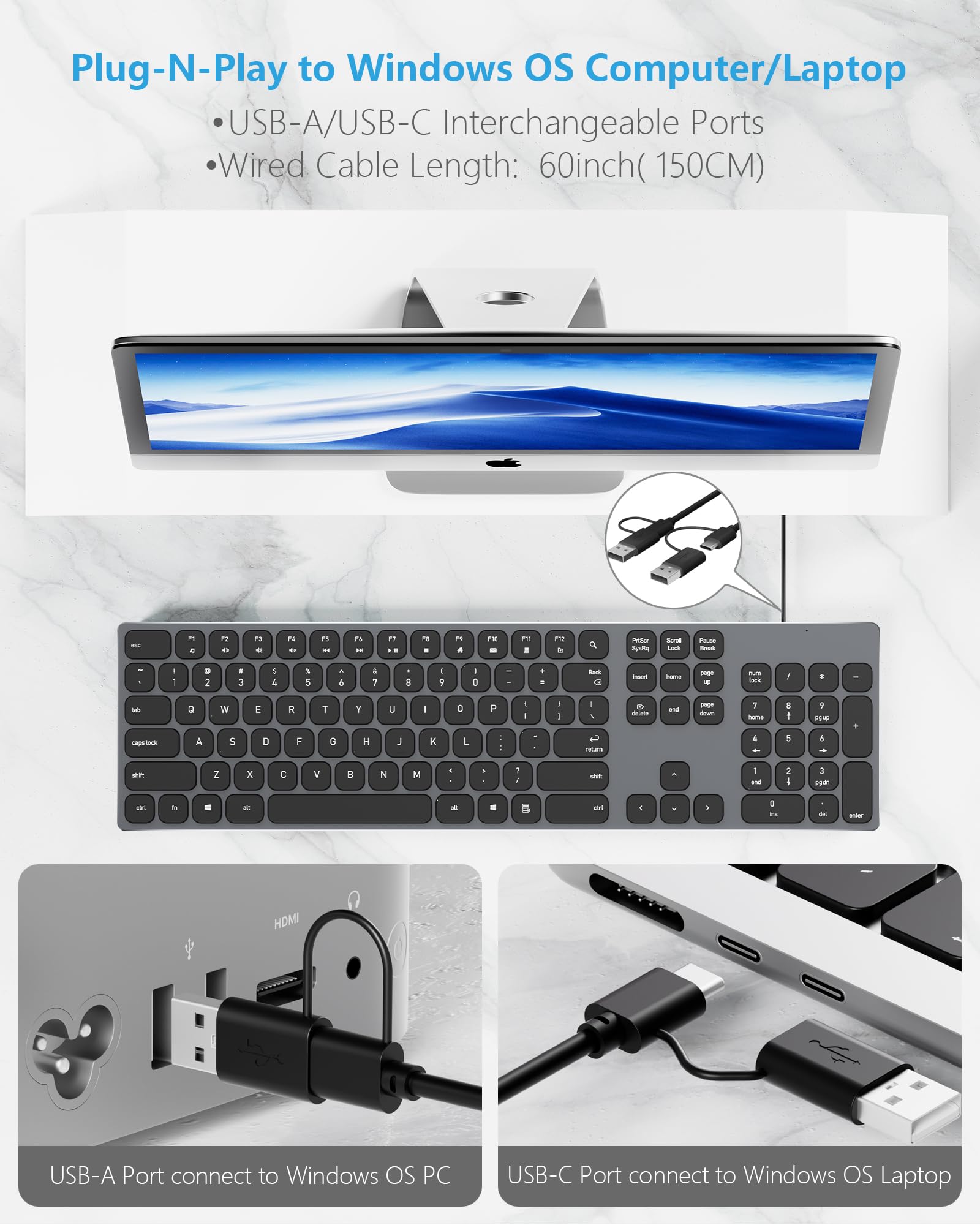9H Aluminum USB Wired Keyboard with Numeric Keypad for PC Windows 10/8 / 7 / Vista/XP