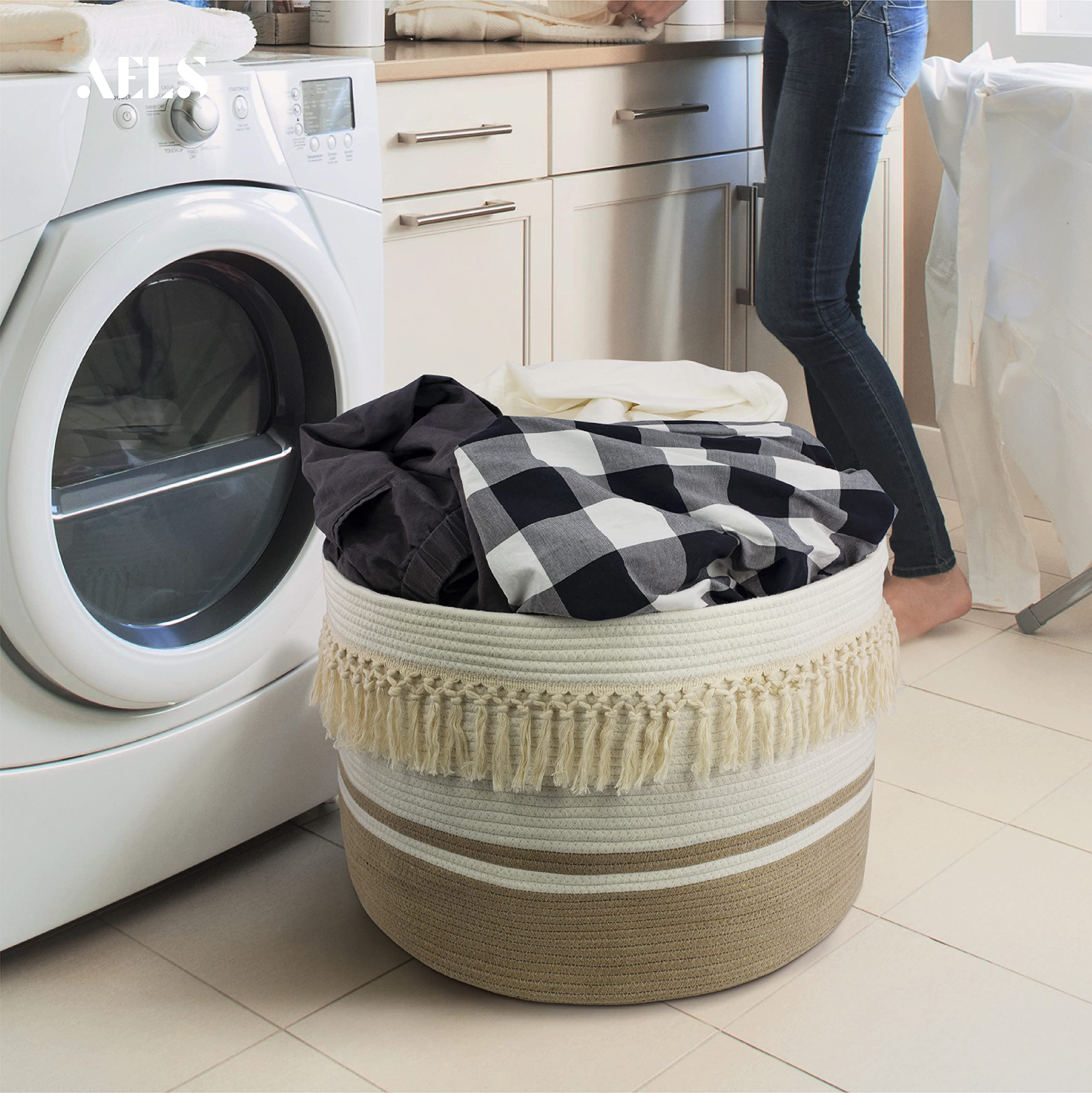AELS XXXLarge 22"22"x15" Rope Boho Decor Basket Woven Bathroom Basket for Blankets Storage Basket Bathroom with Handle Comforter Cushions Storage Bins Thread Laundry Hamper-Brown and White