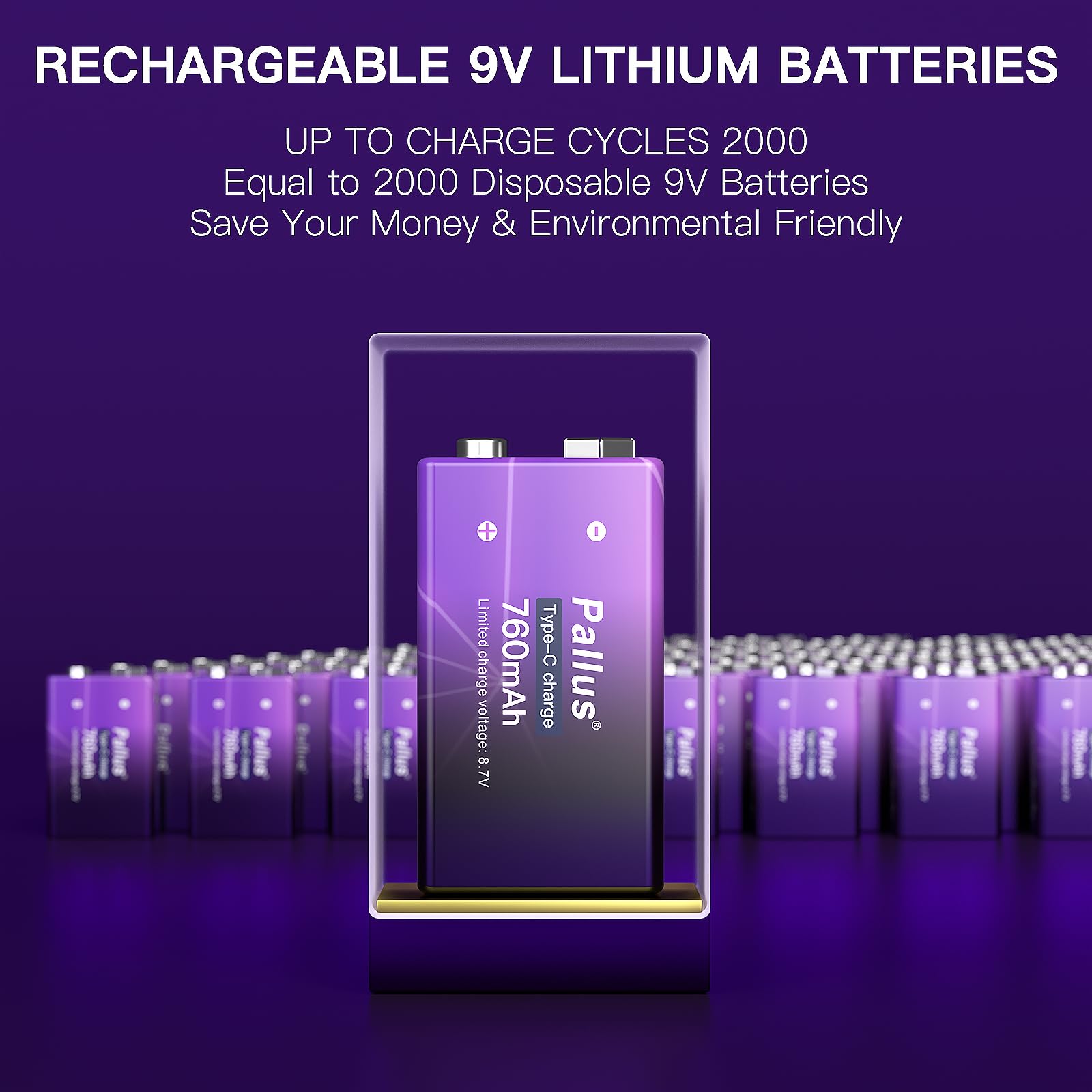 Pallus 9V Rechargeable Battery Pack, 4-Pack 760mAh Li-ion USB 9 Volt Battery for Smoke Alarms, Wireless Microphones, Smoke Detectors, Toys, Flashlights, Guitar