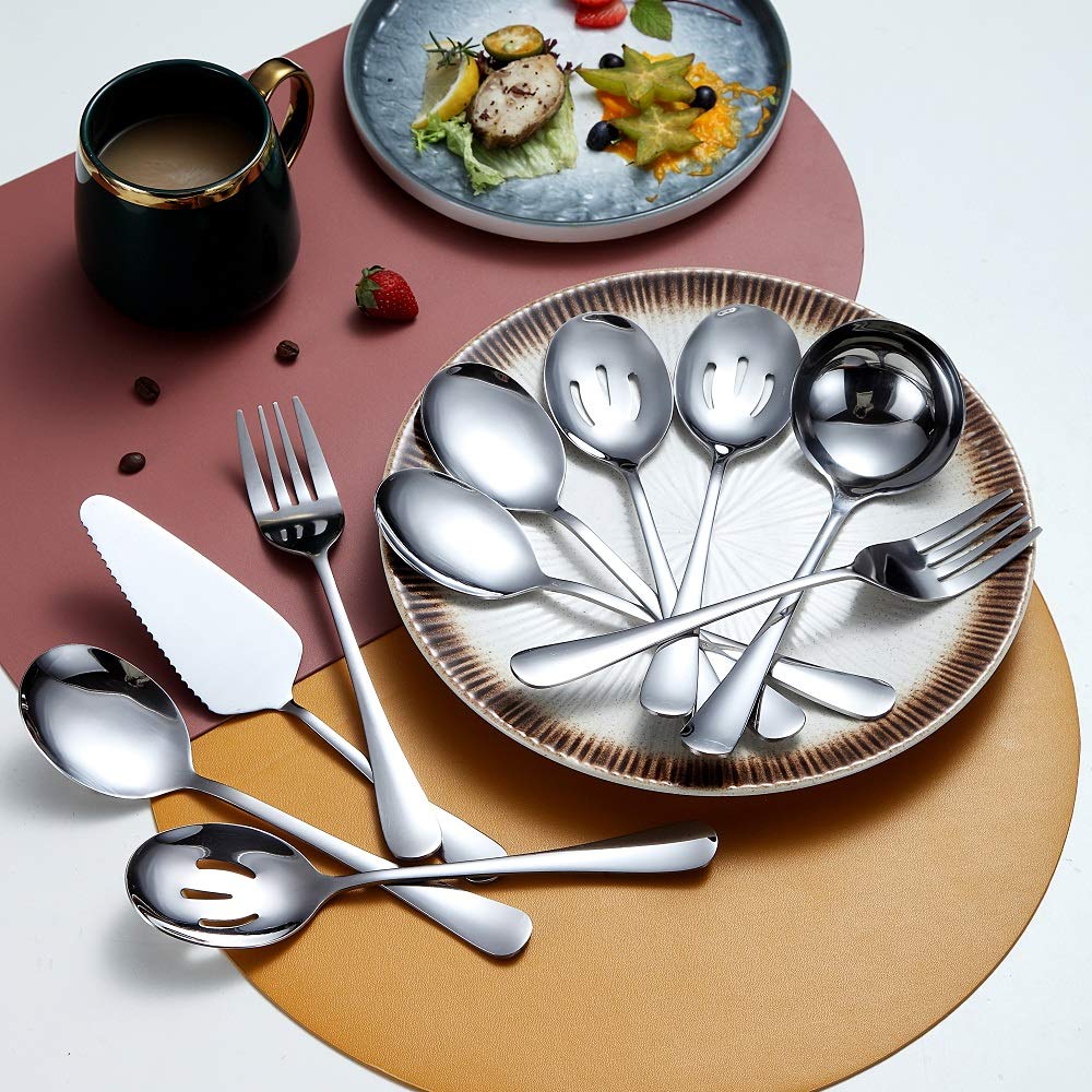 10-Piece Serving Flatware Silverware Set,Stainless Steel Serving Utensil Set,Include Slotted Serving Spoon, Serving Spoon, Cake Server, Serving Fork, Soup Ladle (Silver)