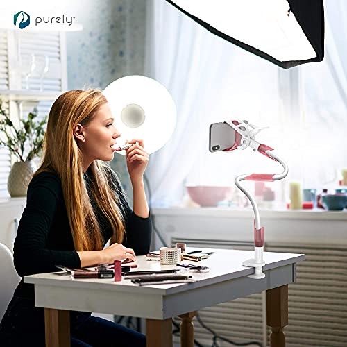 Purely Gooseneck Phone Holder | Flexible Arm Cell Phone Stand for Desk, Night Stand, Headboard - Clamp Mount Clip Bracket, 360-Degree Rotation, Aluminium Alloy - 33-Inch (1-Pack, Rose)