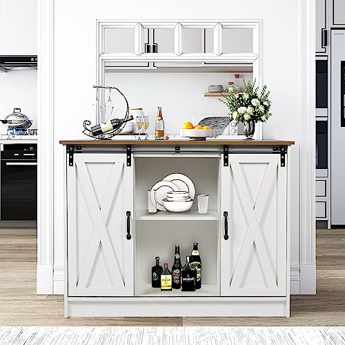 4 EVER WINNER Farmhouse Coffee Bar Cabinet, Kitchen Buffet Storage Coffee Cabinet Station Credenza Cupboard with Adjustable Shelf, Buffet Cabinet with Storage and Sliding Barn Doors, White