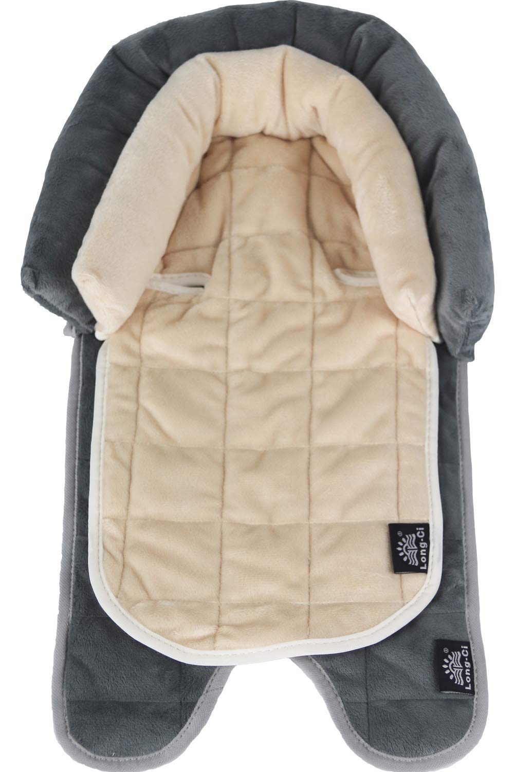 Long-Ci 2-in-1 Baby Insert Cushion Pad with Head Neck Body Support Pillow in Velvet for Newborn (Gray Beige)