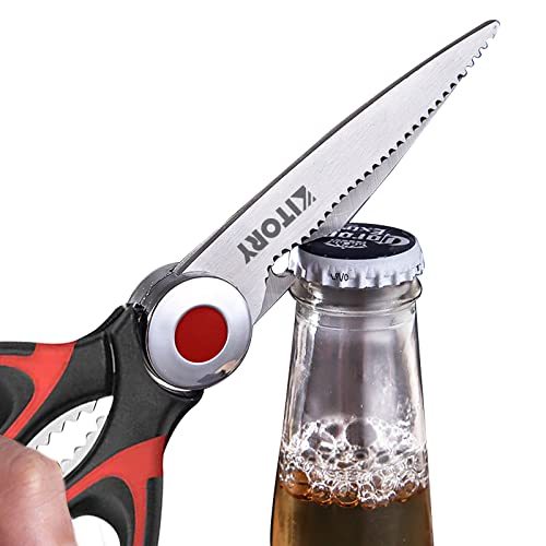 KITORY Kitchen Shears Multi-Purpose Kitchen Scissors Ultra Sharp Heavy Duty Sissors with Sheath for Poultry/Chicken/Fish/Meat/Veggies/Office/BBQ Nut cracker Bottle Opener - Red&Black
