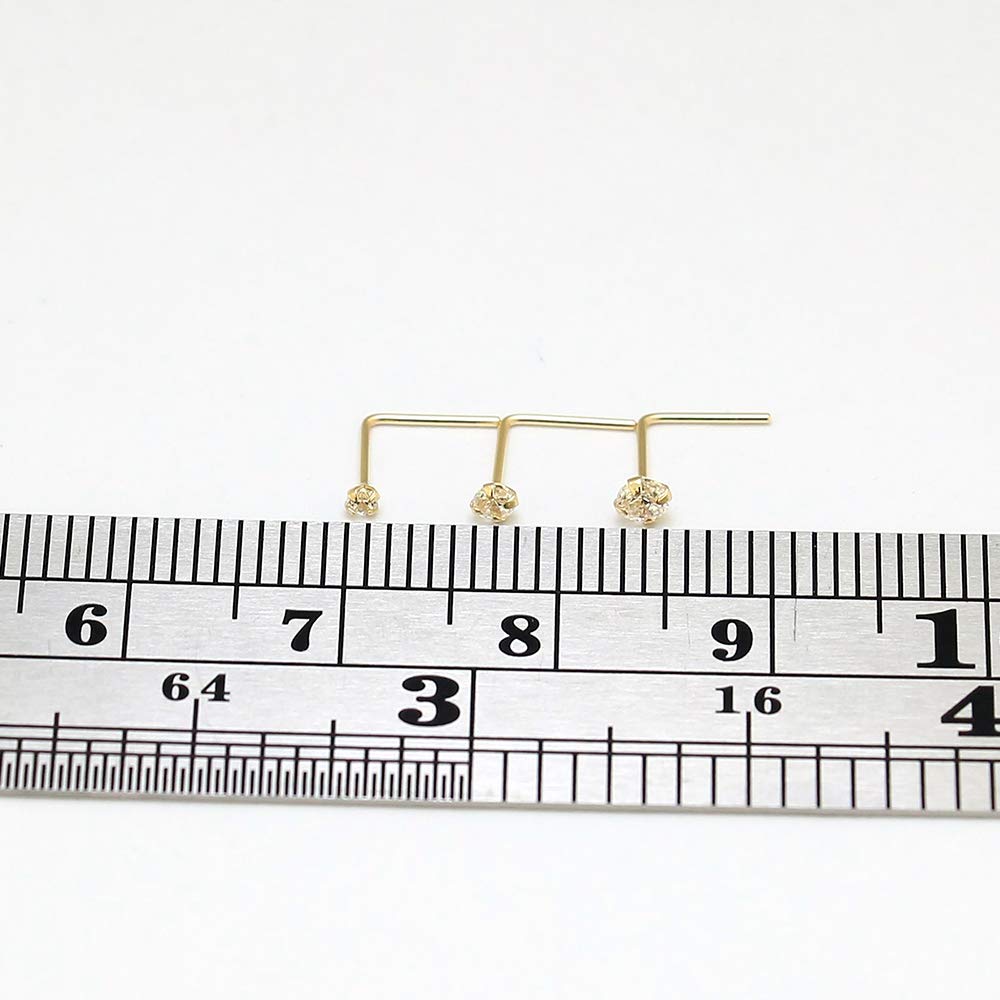 1.5mm Round Cz Gemstne 22 Gauge 9K Solid Yellow Gold L-Shaped Jeweled Nose Stud Piercing Jewelry