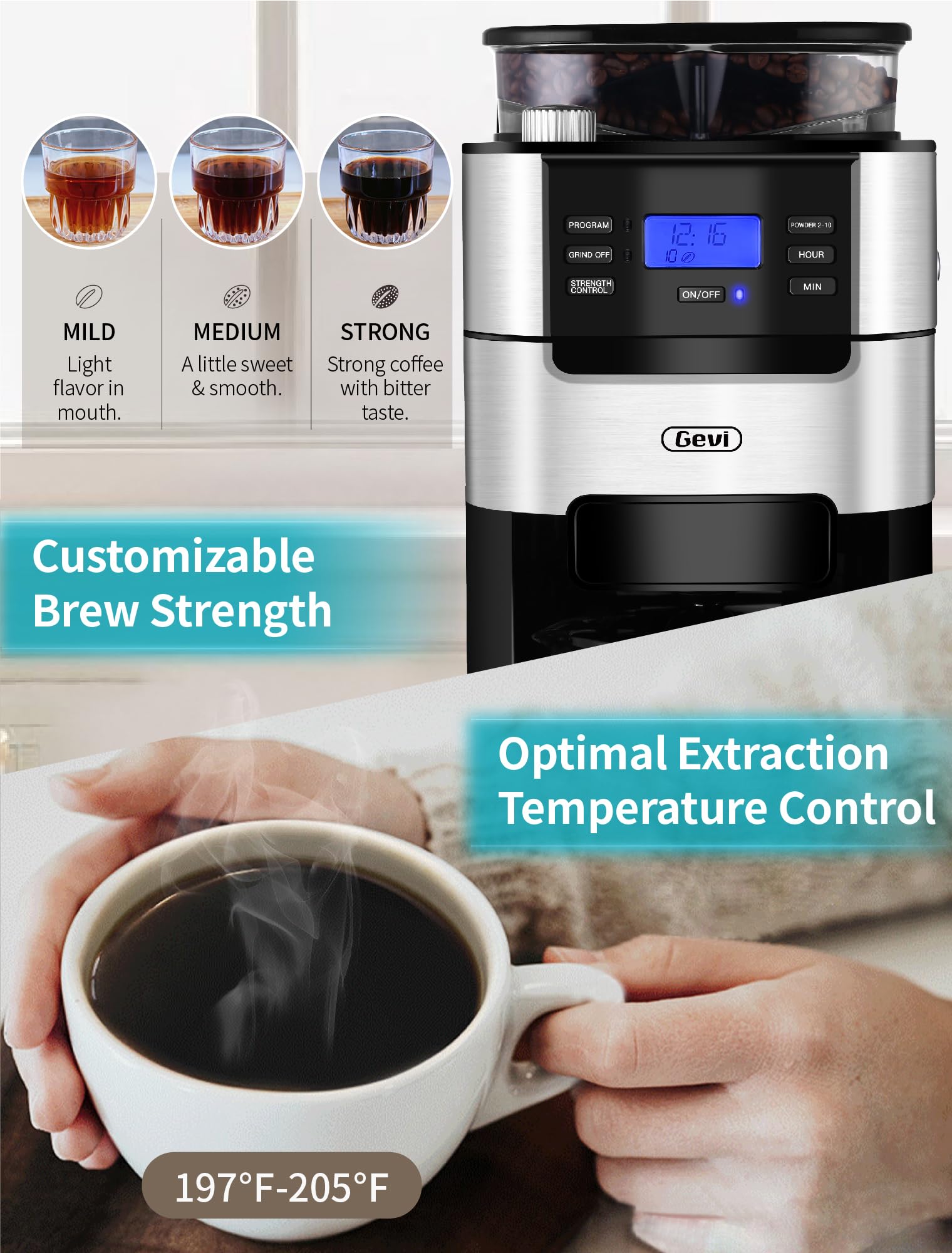 10-Cup Drip Coffee Maker, Brew Automatic Coffee Machine with Built-In Burr Coffee Grinder, Programmable Timer Mode and Keep Warm Plate, 1.5L Large Capacity Water Tank, Removable Filter Basket, 900W
