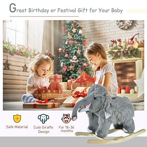 Qaba Kids Ride-On Rocking Horse Toy Mammoth Style Rocker with Fun Music & Soft Plush Fabric for Children 18-36 Months