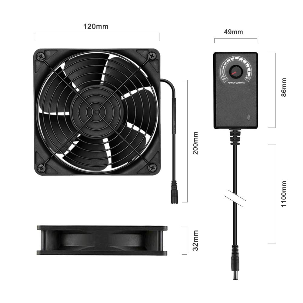 UTUO Variable Speed Fan, 110V 120V 220V AC Powered 120mm Dual Ball Bearings Air Exhaust Vent Cooling Axial Flow Muffin Fan with 3 to 12v DC Adjustable Speed Control Dimmer Switch