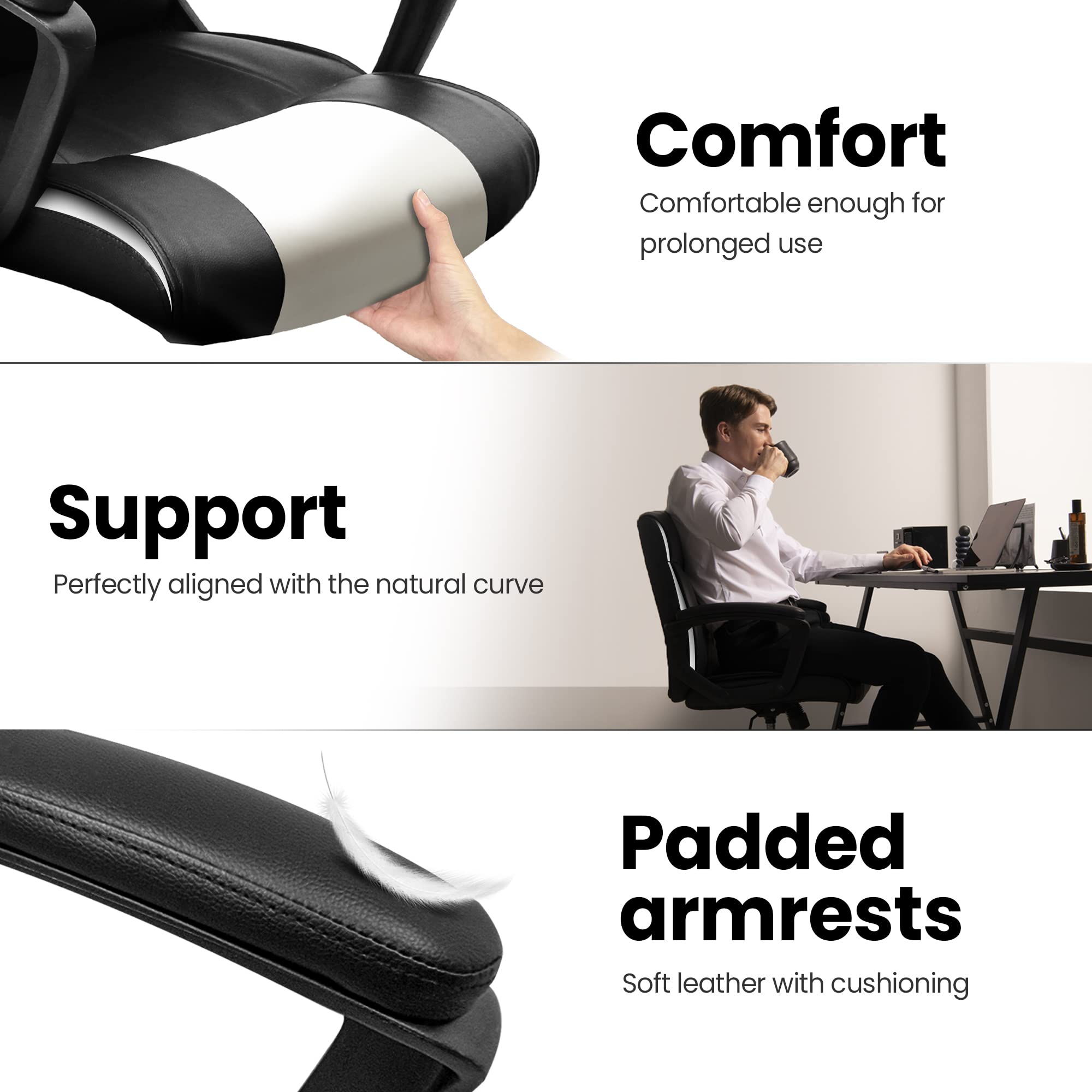 NEO CHAIR Ergonomic Office Chair Desk Chair Mid Back Executive PU Leather Adjustable Computer Desk Gaming Chair Comfortable Padded Arm Lumbar Support Rolling Swivel with Wheels (Black)