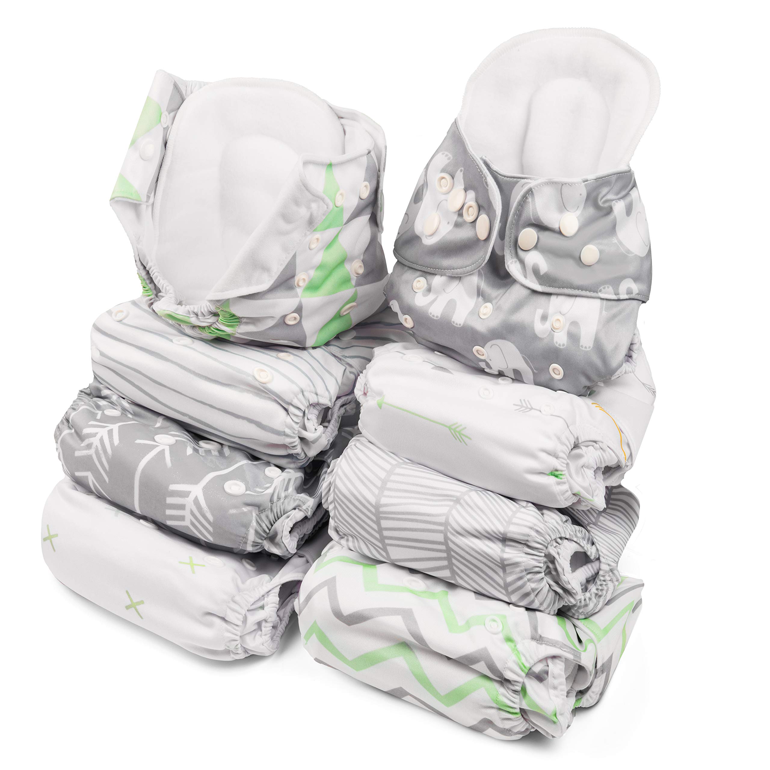 GGT Cloth Diapers (Updated Quality) - 8 Reusable Cloth Diapers for Babies with 8 Cloth Diaper Inserts – Extra Leg