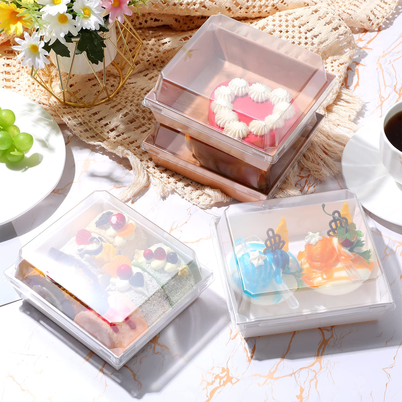 100 Pcs Disposable Food Containers with Clear Secure Lids 5.4 Inch Paper Charcuterie Box Square Cake Boxes Dessert Boxes Cake Slice Container for Sandwich, Cookies, Strawberries, Brown and White