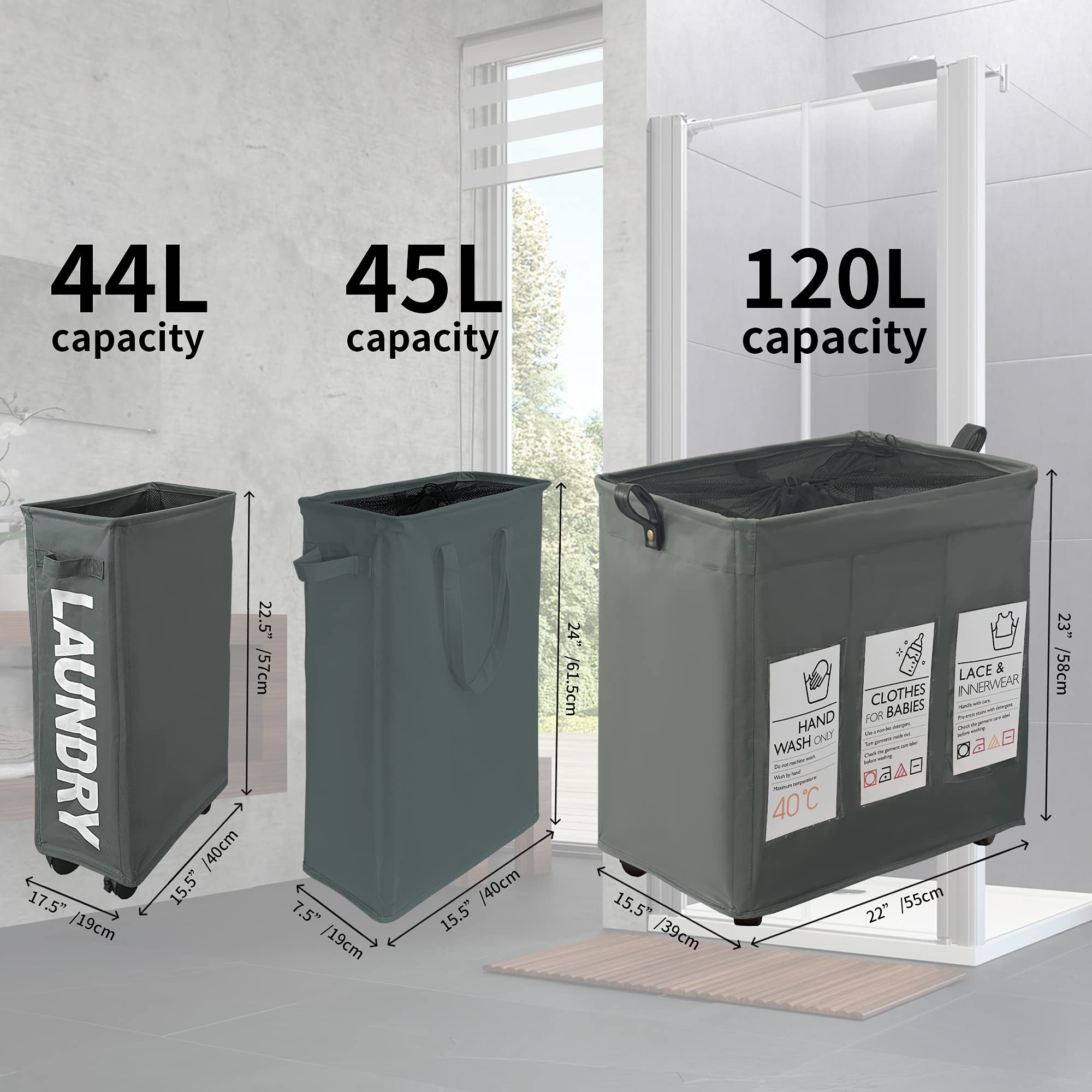 24Inch Slim Large Laundry Basket Collapsible Fabric Laundry Hamper Out Carrying Laundry Bag Tall Thin Dirty Laundry Hamper Basket Home Corner Bin(Grey)