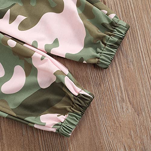 Mandizy Kids Toddler Girl Spring Fall Outfits Blessed Letter Print Long Sleeve Sweatshirt Tops and Camouflage Pants Clothes Set (Pink, 3-4T)