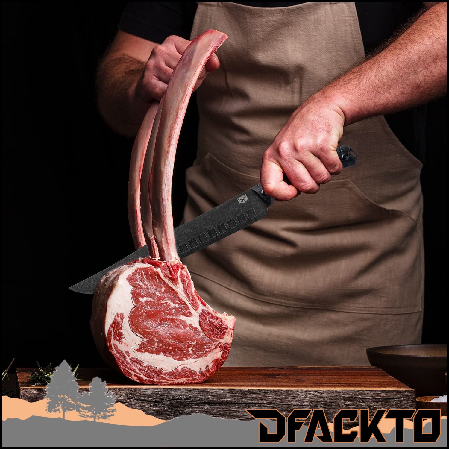DFACKTO Interceptor 10 Inch Butcher Knife for Camping and Outdoor Kitchen, Stonewashed High Carbon Stainless Steel Black Knife, Full Tang Tactical G10 Handle, BBQ Utensil Cutlery